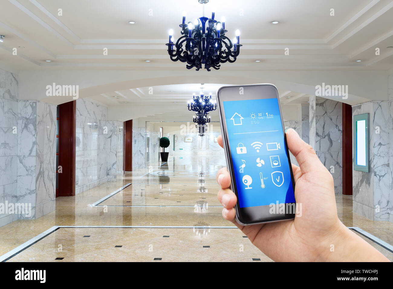 smart phone with smart home with modern corridor Stock Photo - Alamy