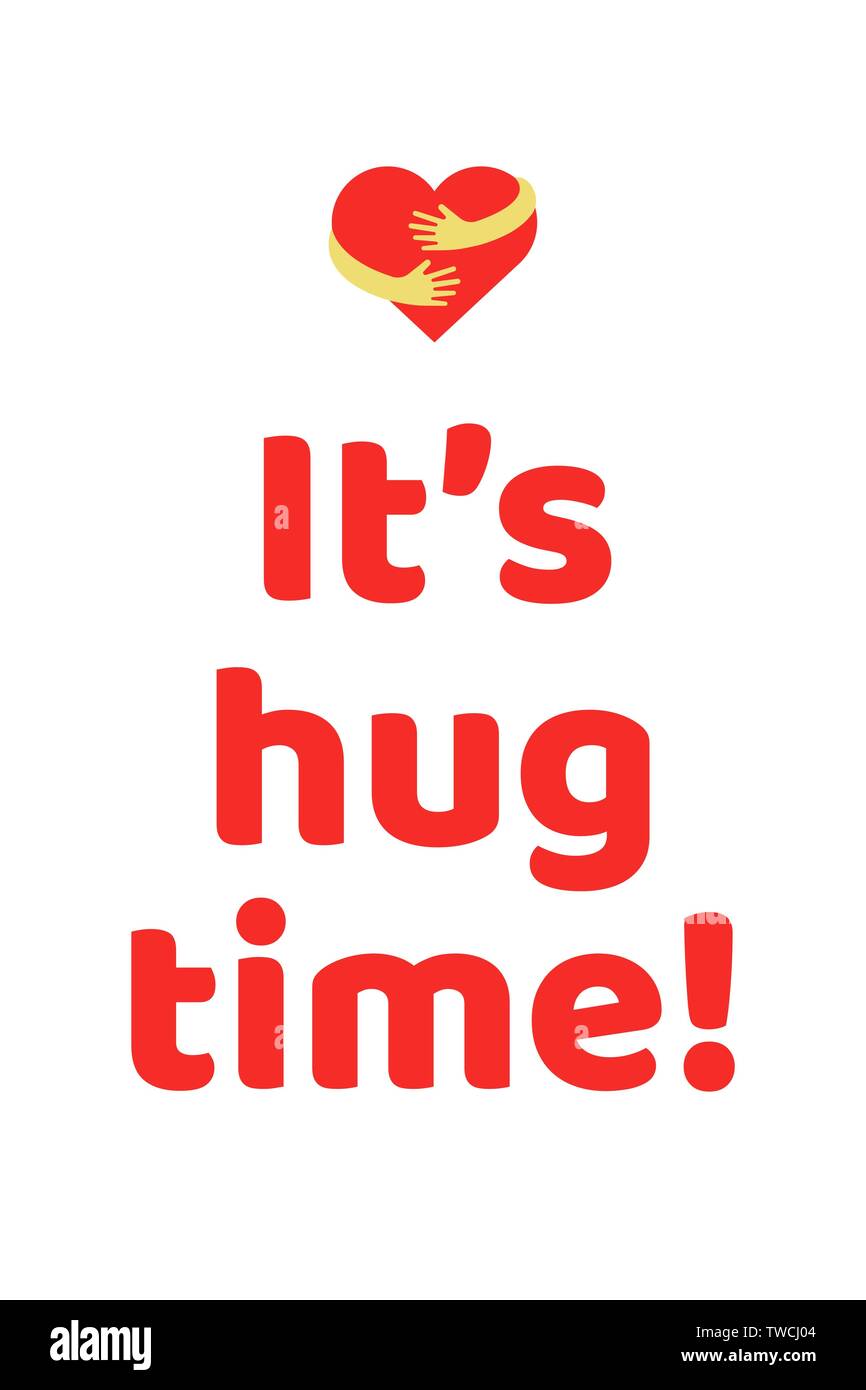 It is hug time poster with red heart in arms embracing flat style ...