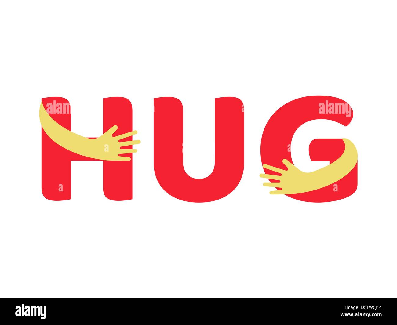 Hug text in arms embracing flat style vector illustration. Colorful hug ...