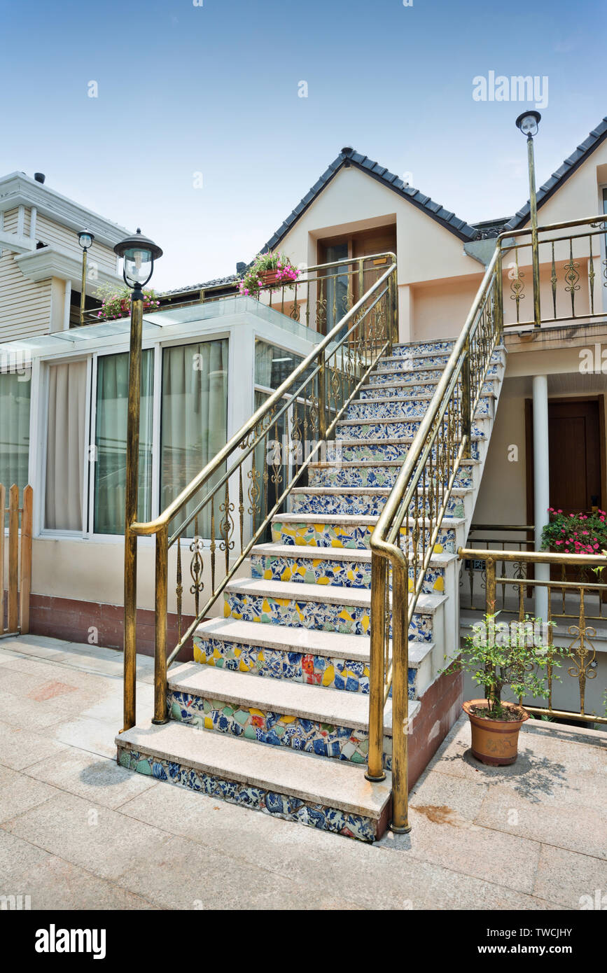 Backyard house entrance, stairs with ceramic tiles Stock Photo - Alamy