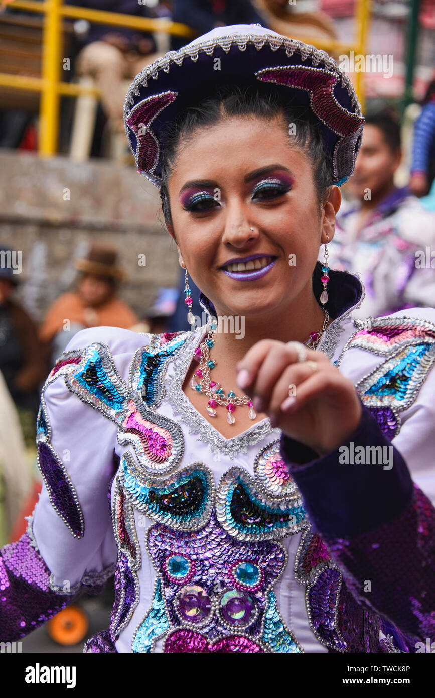 Costumed dancer at the colorful Gran Poder Festival, La Paz, Bolivia ...