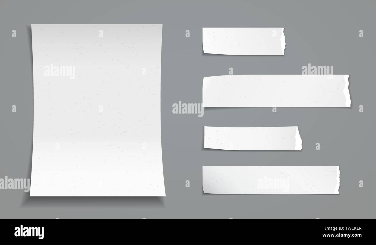 Ripped, torn note grainy paper strips with white notebook, copybook ...