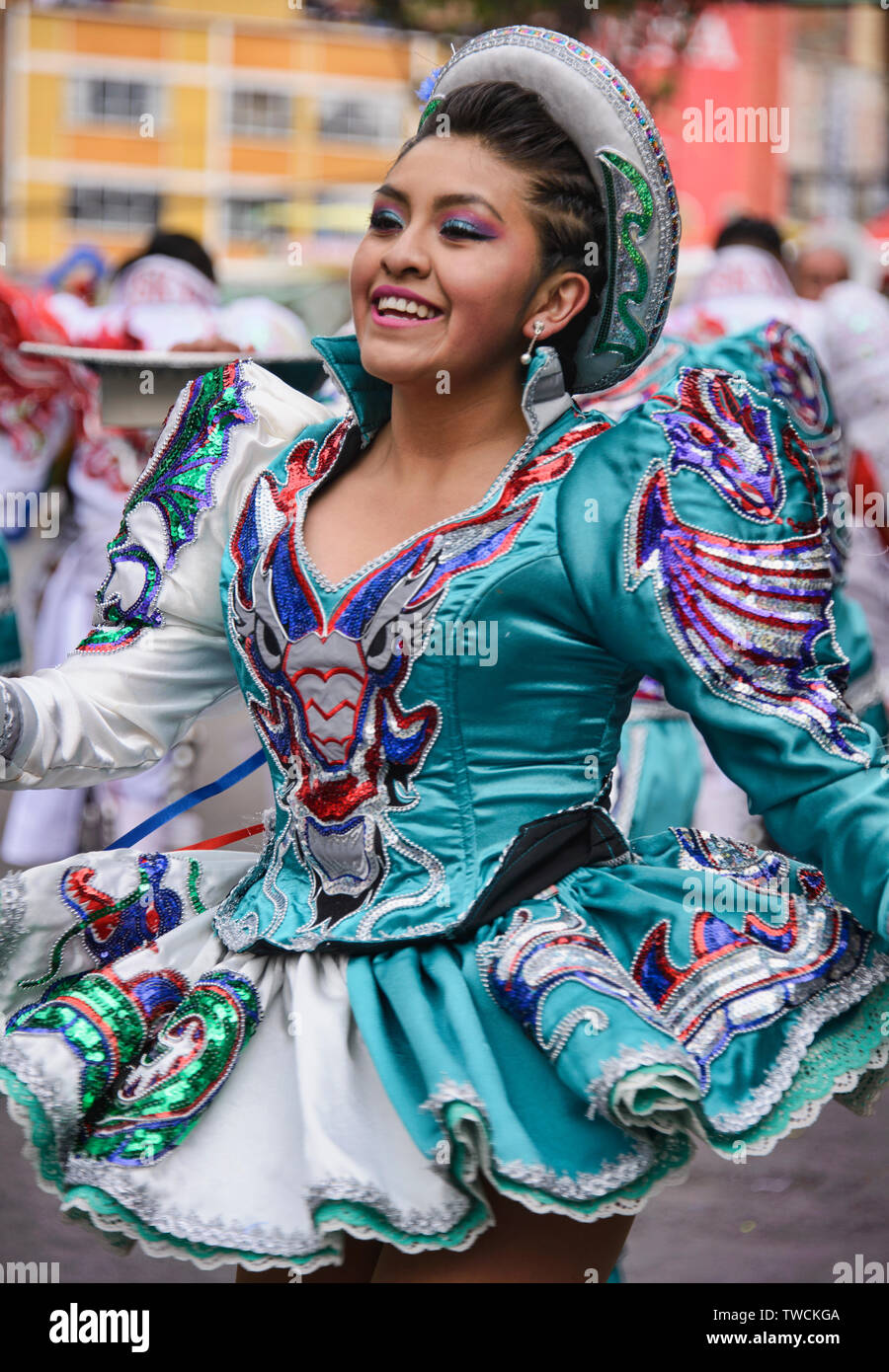Costumed dancer at the colorful Gran Poder Festival, La Paz, Bolivia ...