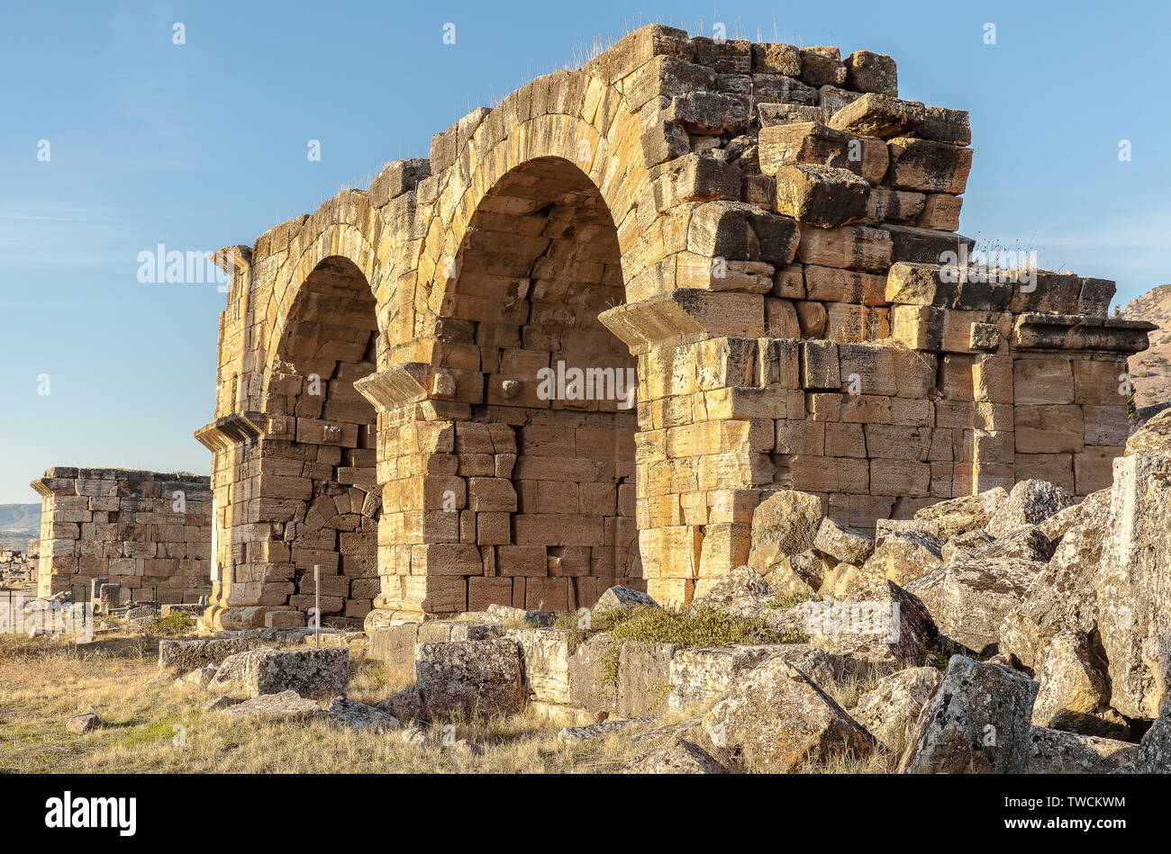 Turkey, the remains of the old Roman baths in the ancient city of Hierapolis in Pamukkale city ...