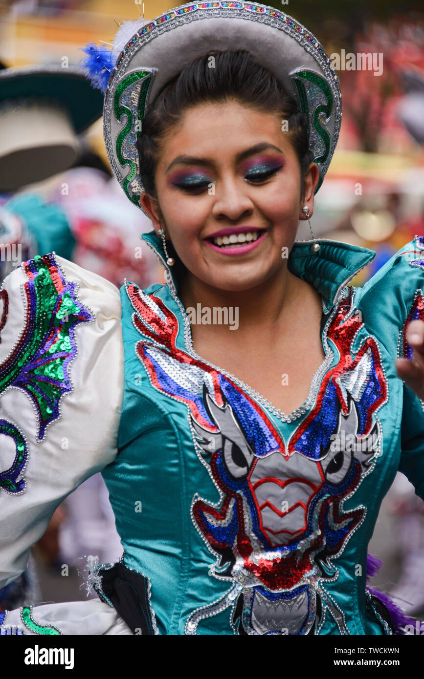 Costumed dancer at the colorful Gran Poder Festival, La Paz, Bolivia ...