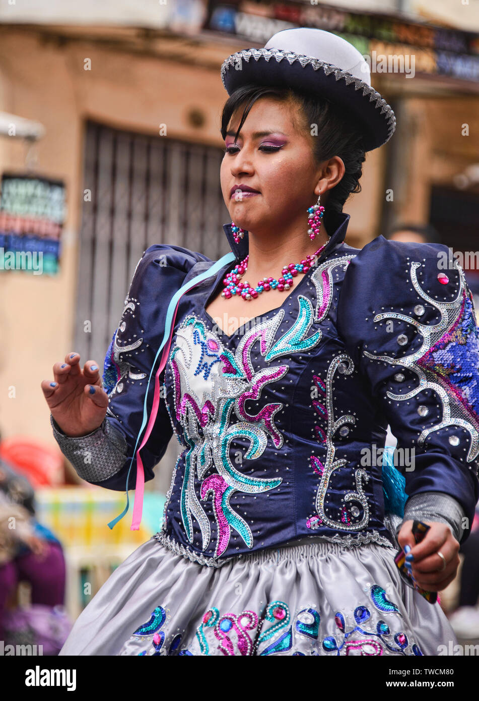 Costumed dancer at the colorful Gran Poder Festival, La Paz, Bolivia ...