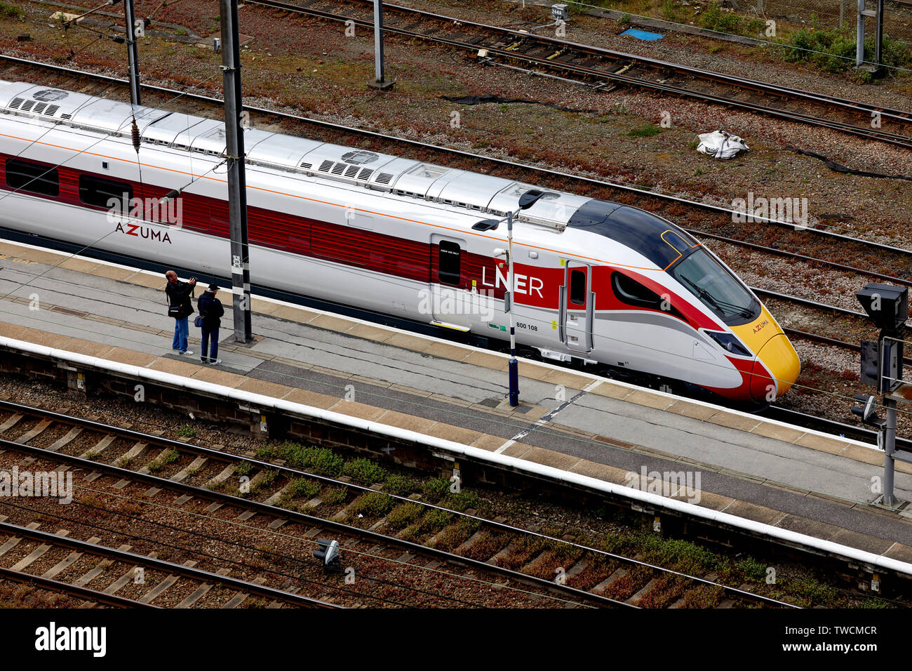 Doncaster town centre, South Yorkshire, LNER Azuma train class 800 made by Hitachi Newton ...