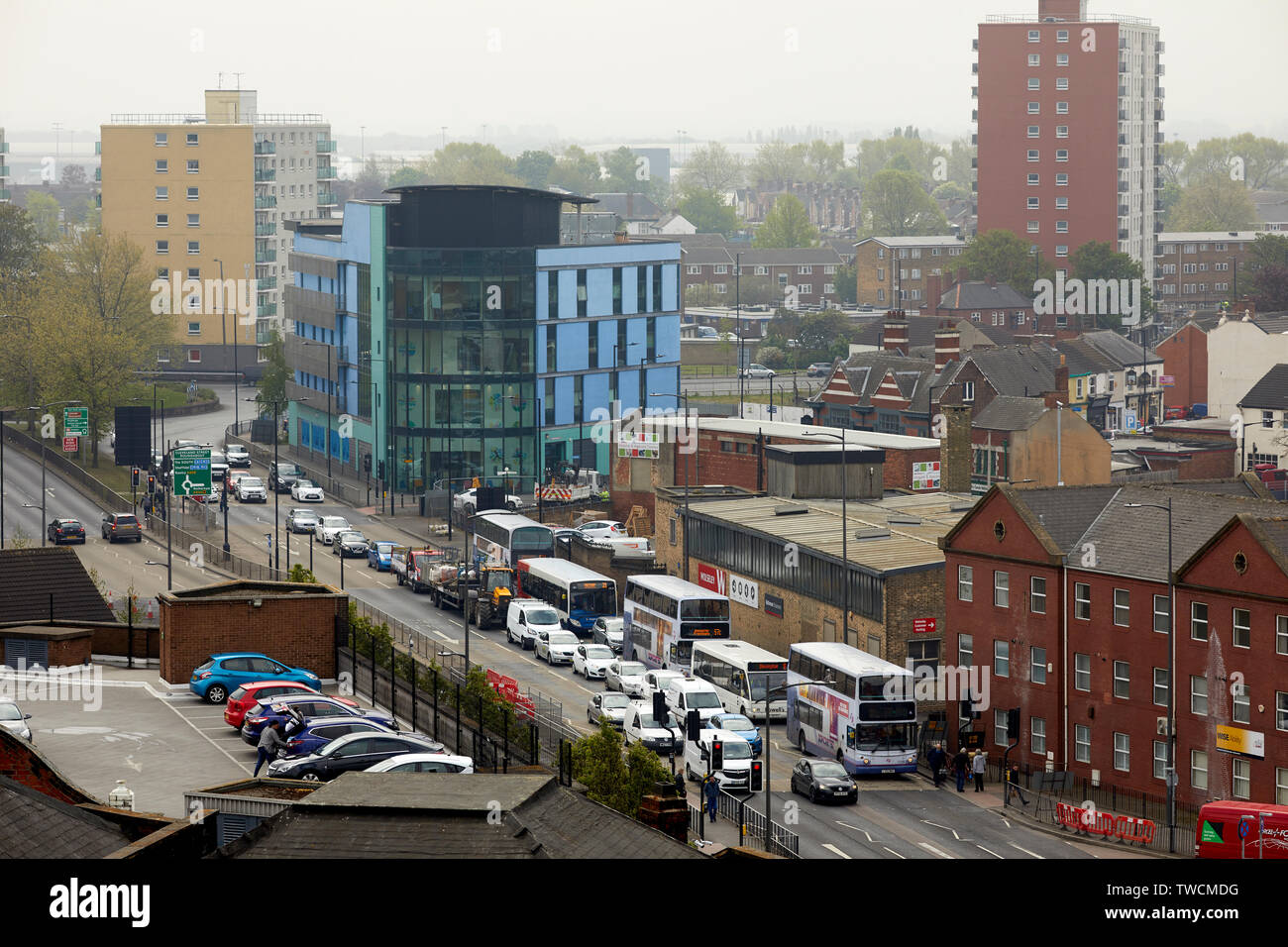 Doncaster town centre, South Yorkshire, busses and heavy traffic along ...