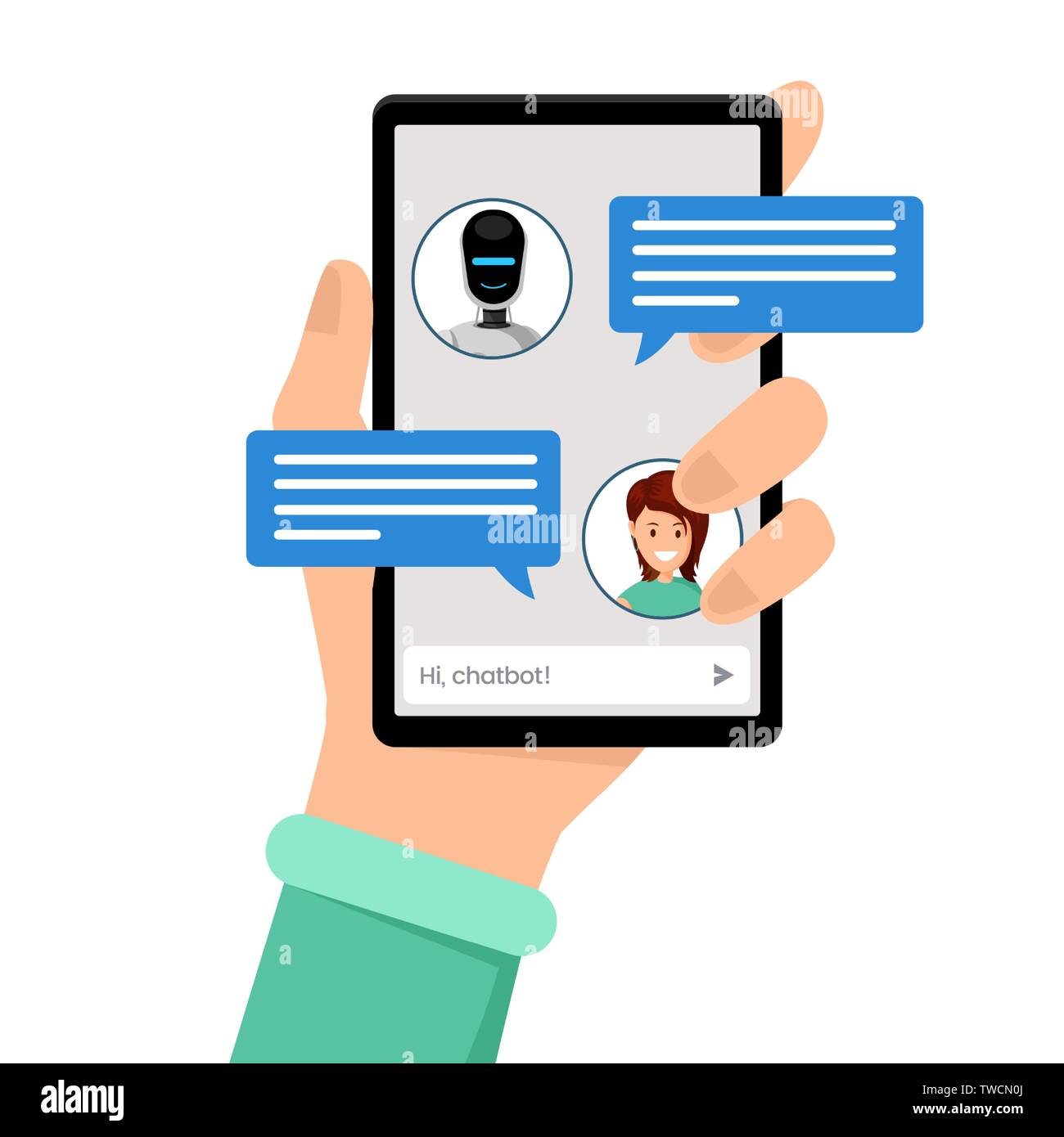 Conversation with chatbot flat vector illustration. Hand holding ...