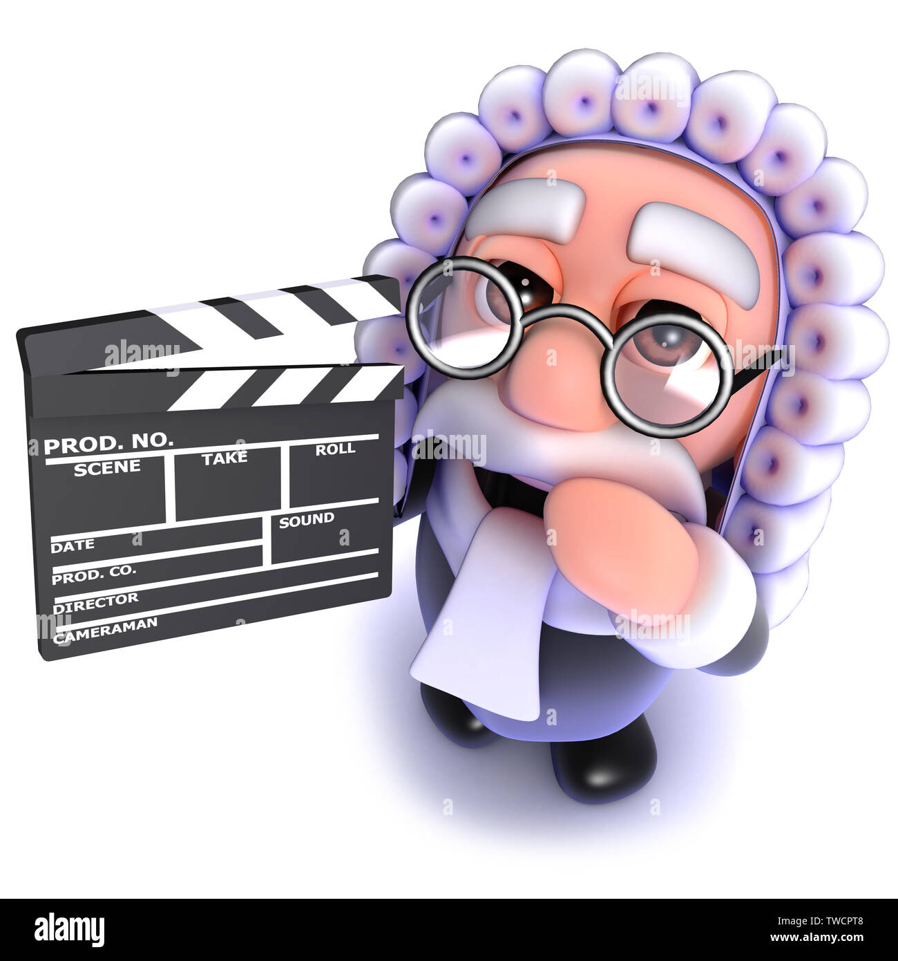 3d render of a funny cartoon judge character holding a movie makers ...