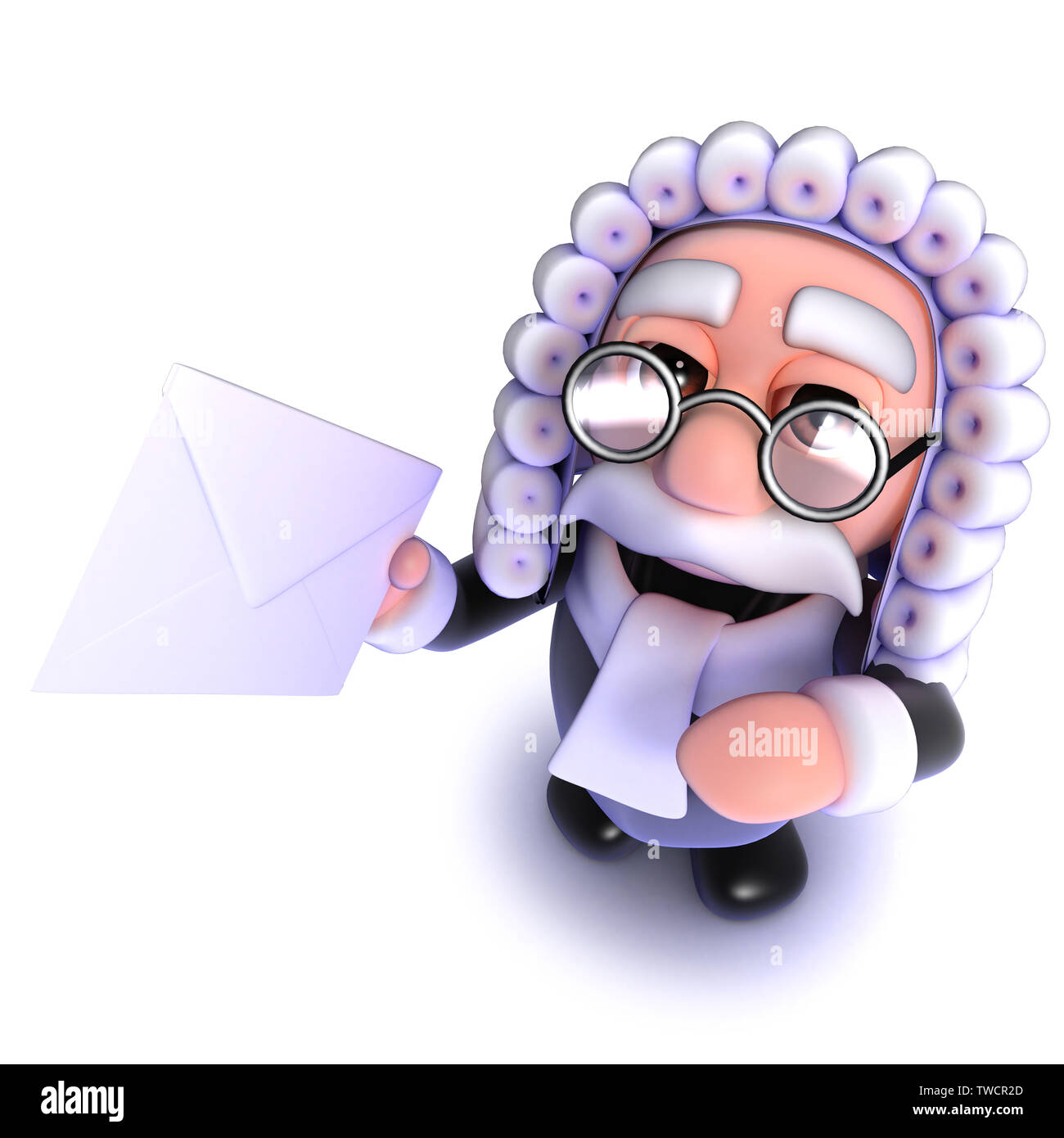 3d render of a funny cartoon judge character holding an envelope ...