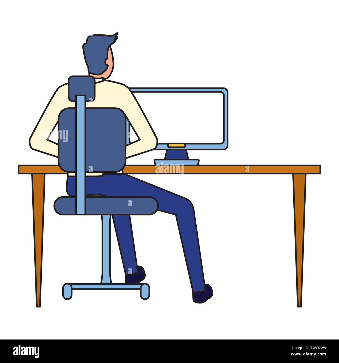 back view businessman working office desk computer business vector ...