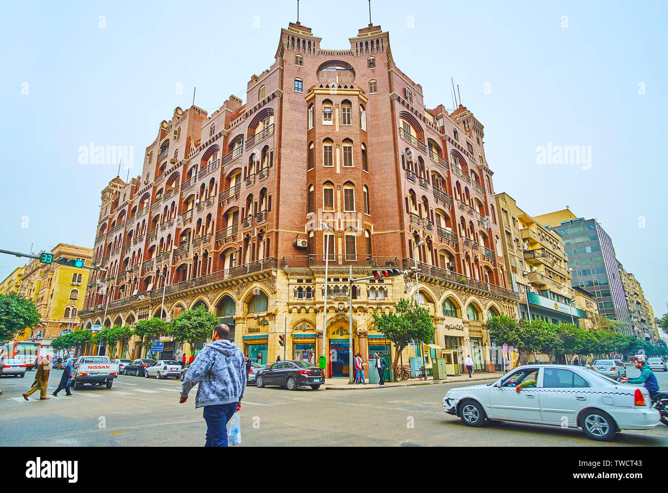 CAIRO, EGYPT - DECEMBER 22, 2017: The corner facade with towers and ...