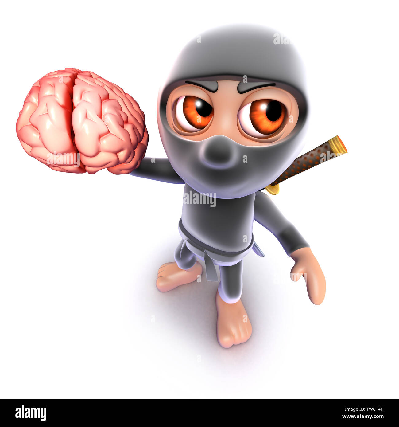 3d render of a funny cartoon ninja assassin warrior holding a human ...