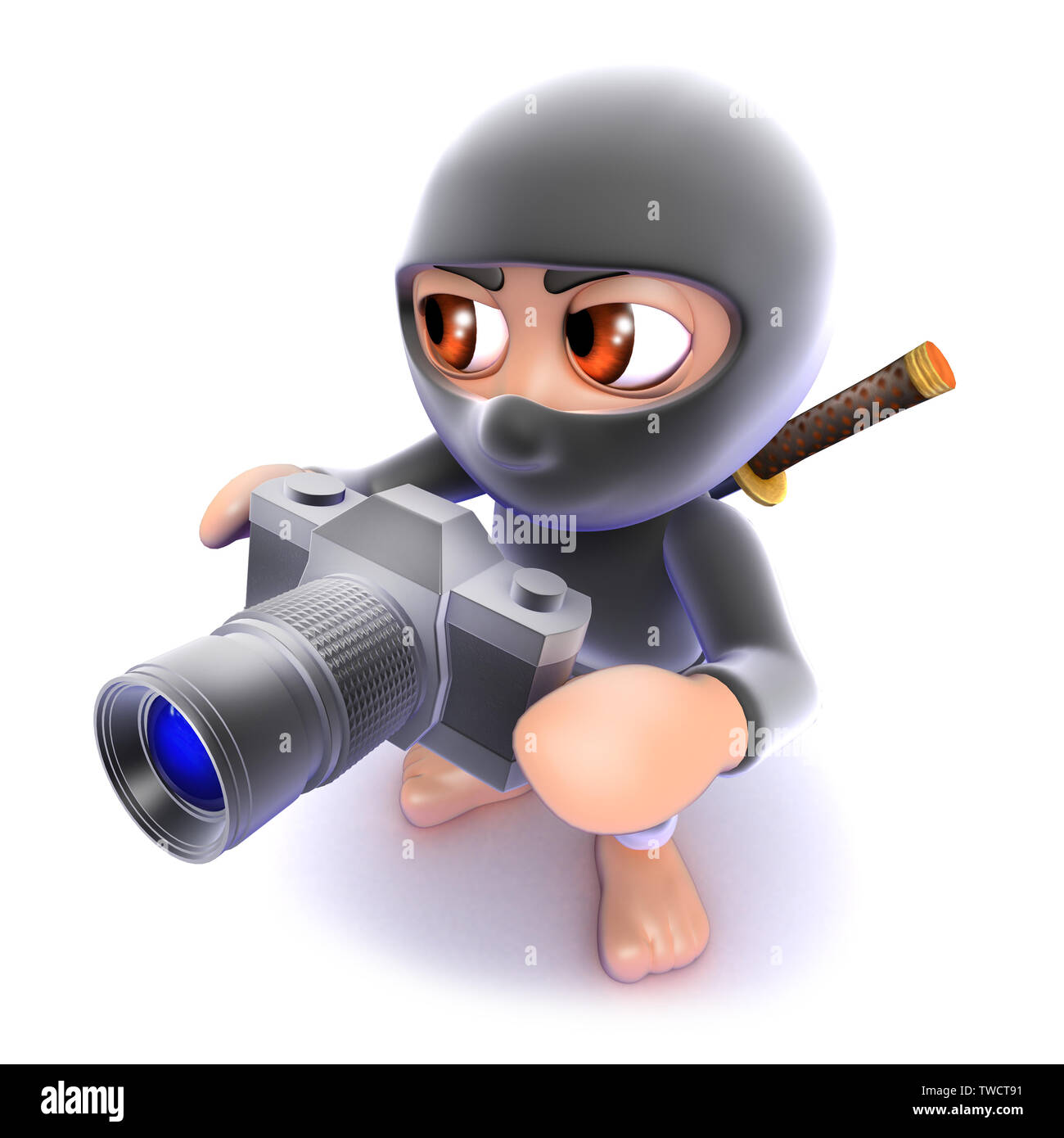 3d render of a funny cartoon ninja assassin taking a photo with a ...