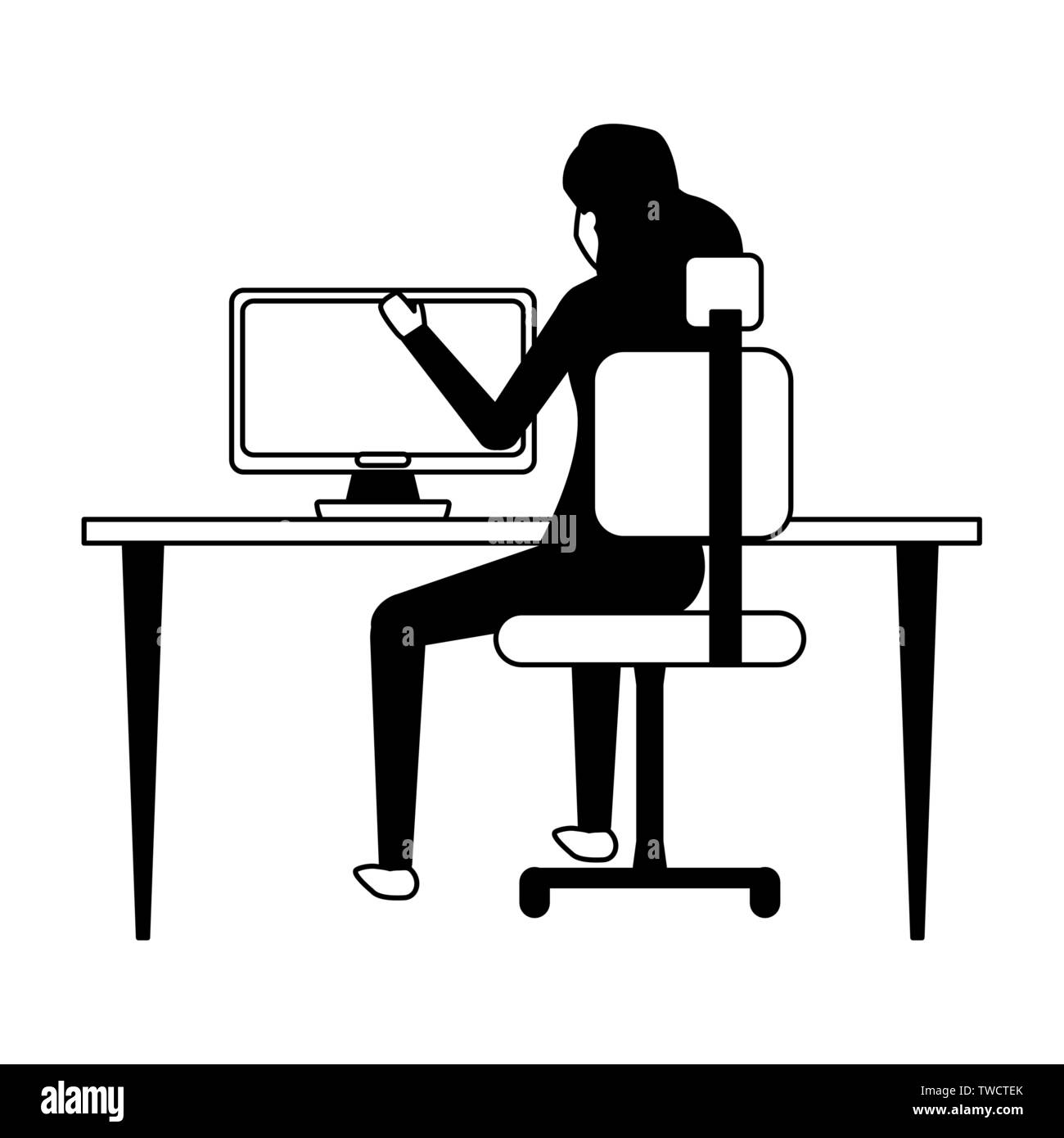 back view businesswoman working office desk computer business vector ...