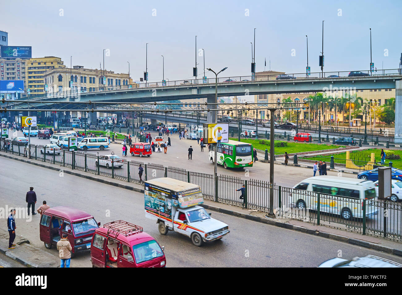 CAIRO, EGYPT - DECEMBER 22, 2017: The busy traffic in Ramses square ...