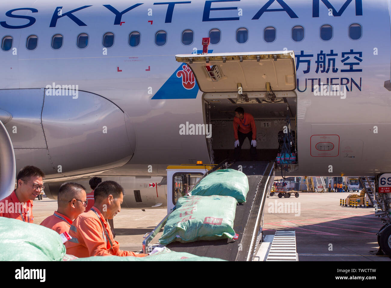 Southern Airlines, ground crew transporting checked baggage Stock Photo ...