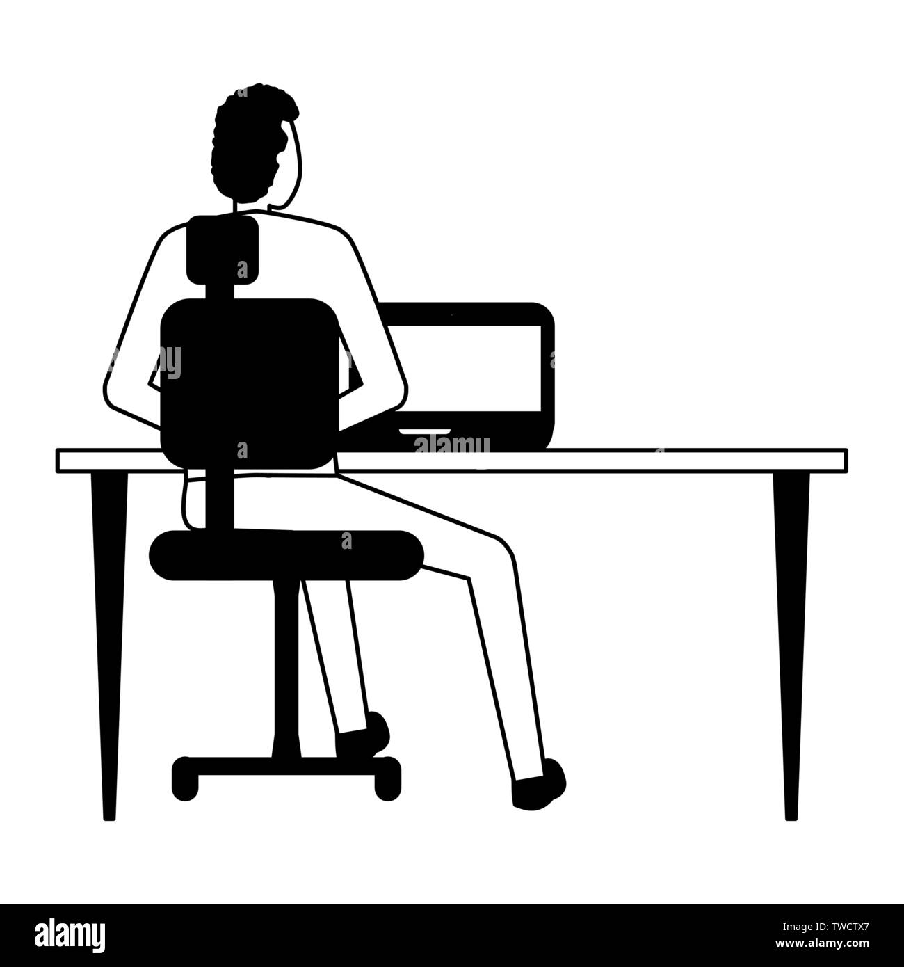 back view businessman working office desk computer business vector ...