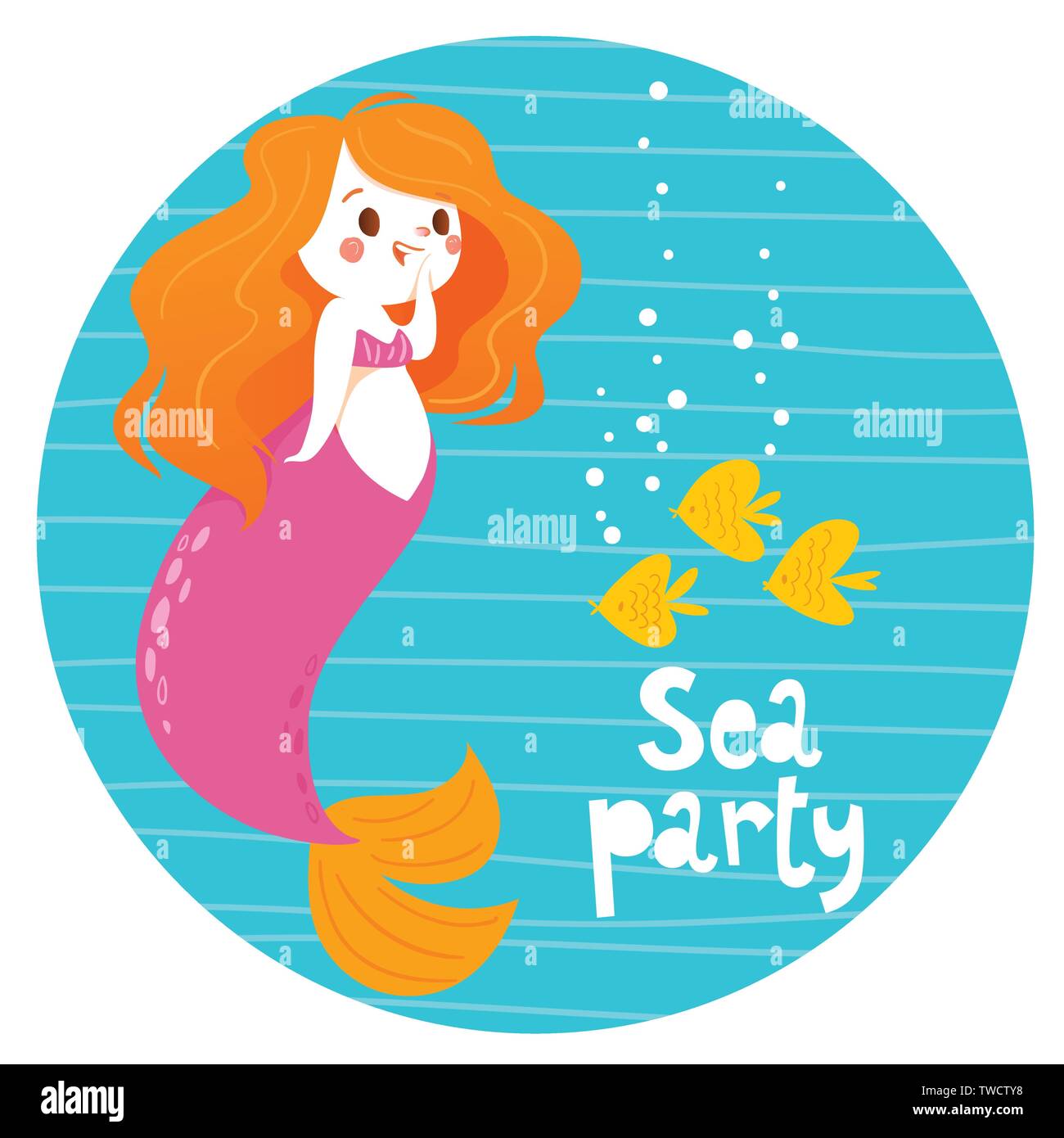 Cartoon style vector summer design with cute mermaid girl and sea fish ...