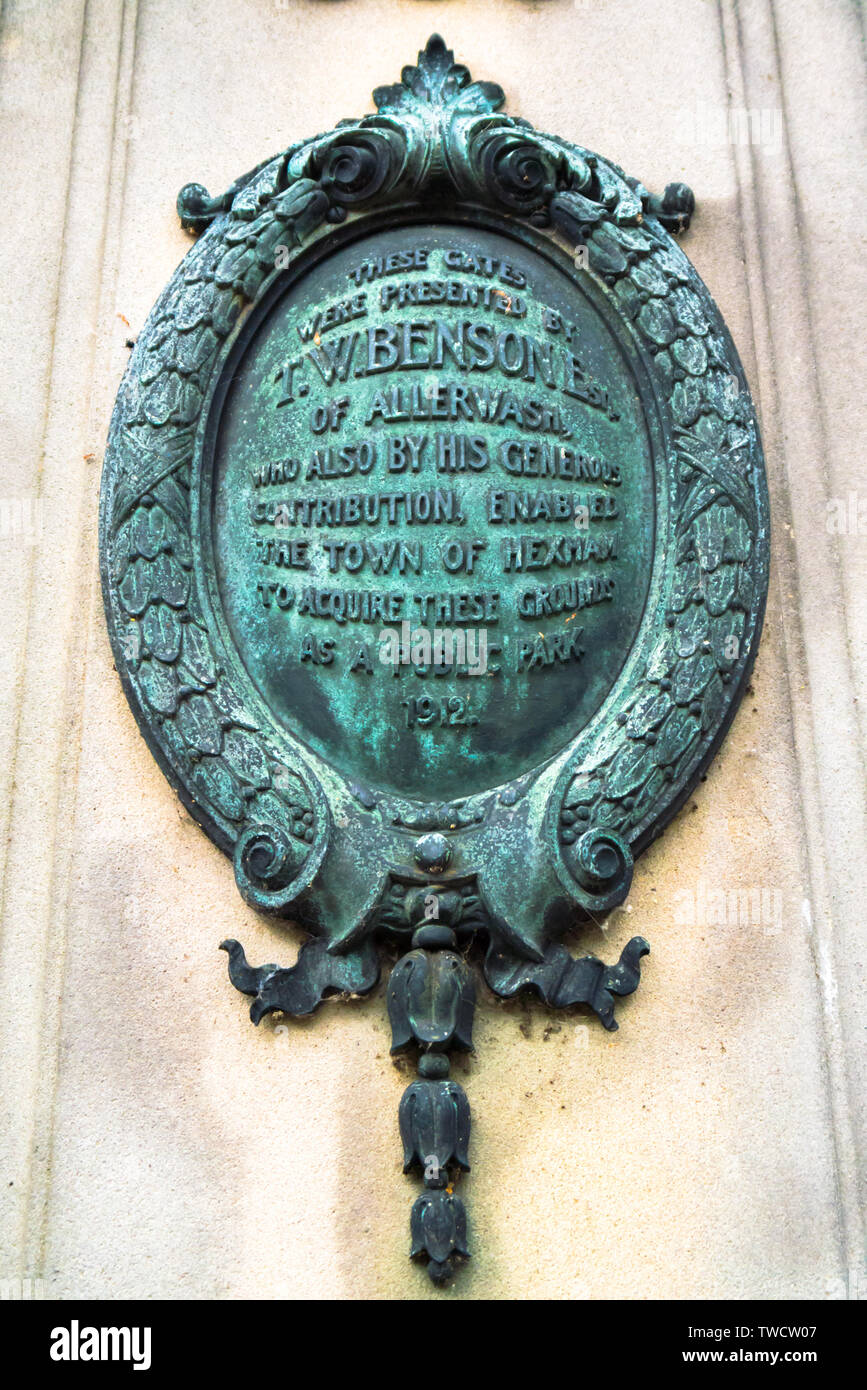 Hexham park plaque hi-res stock photography and images - Alamy
