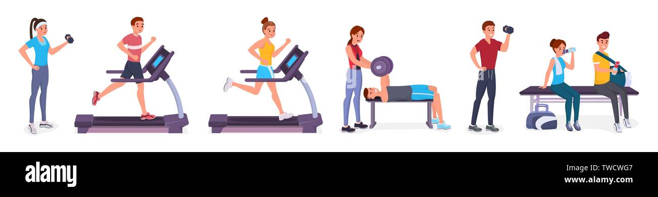 Sport set. People doing sports in the gym flat style vector ...