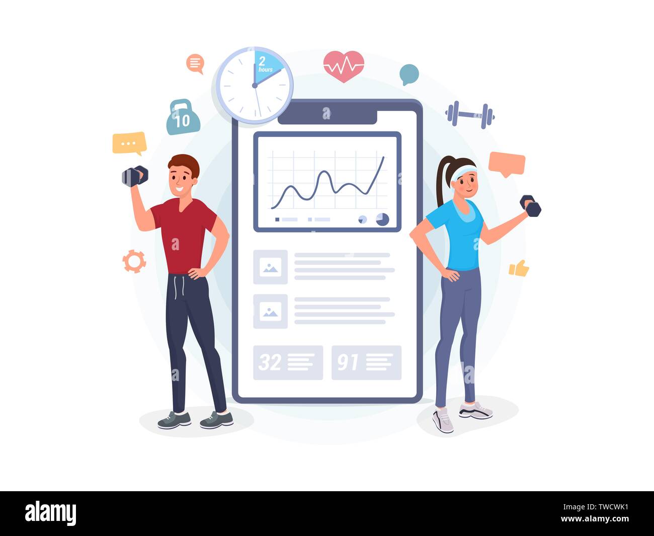 Two sports people near big screen with chart. Sport and fitness concept ...