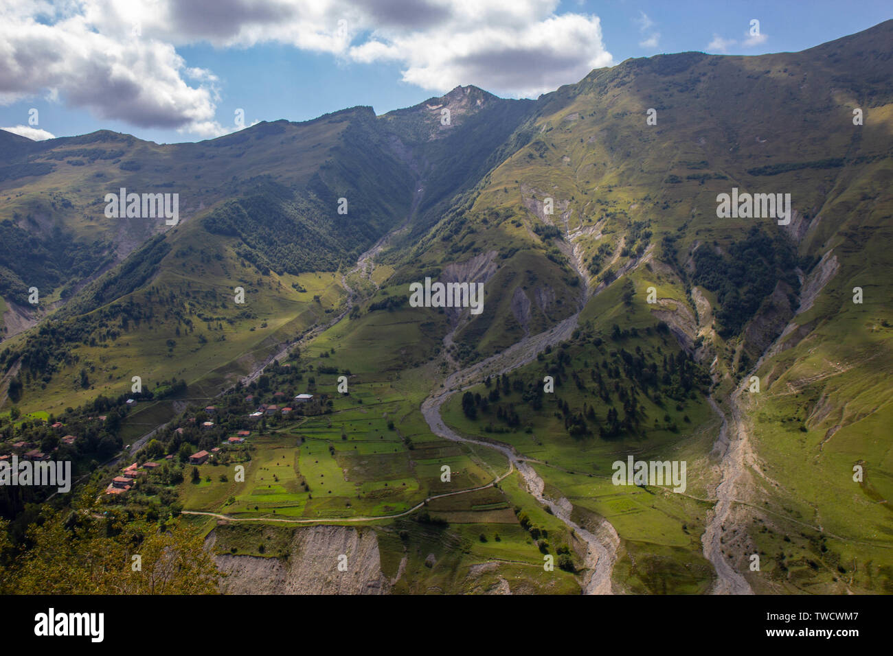 Valley view with a small village in Caucasus mountains, Georgia Stock ...