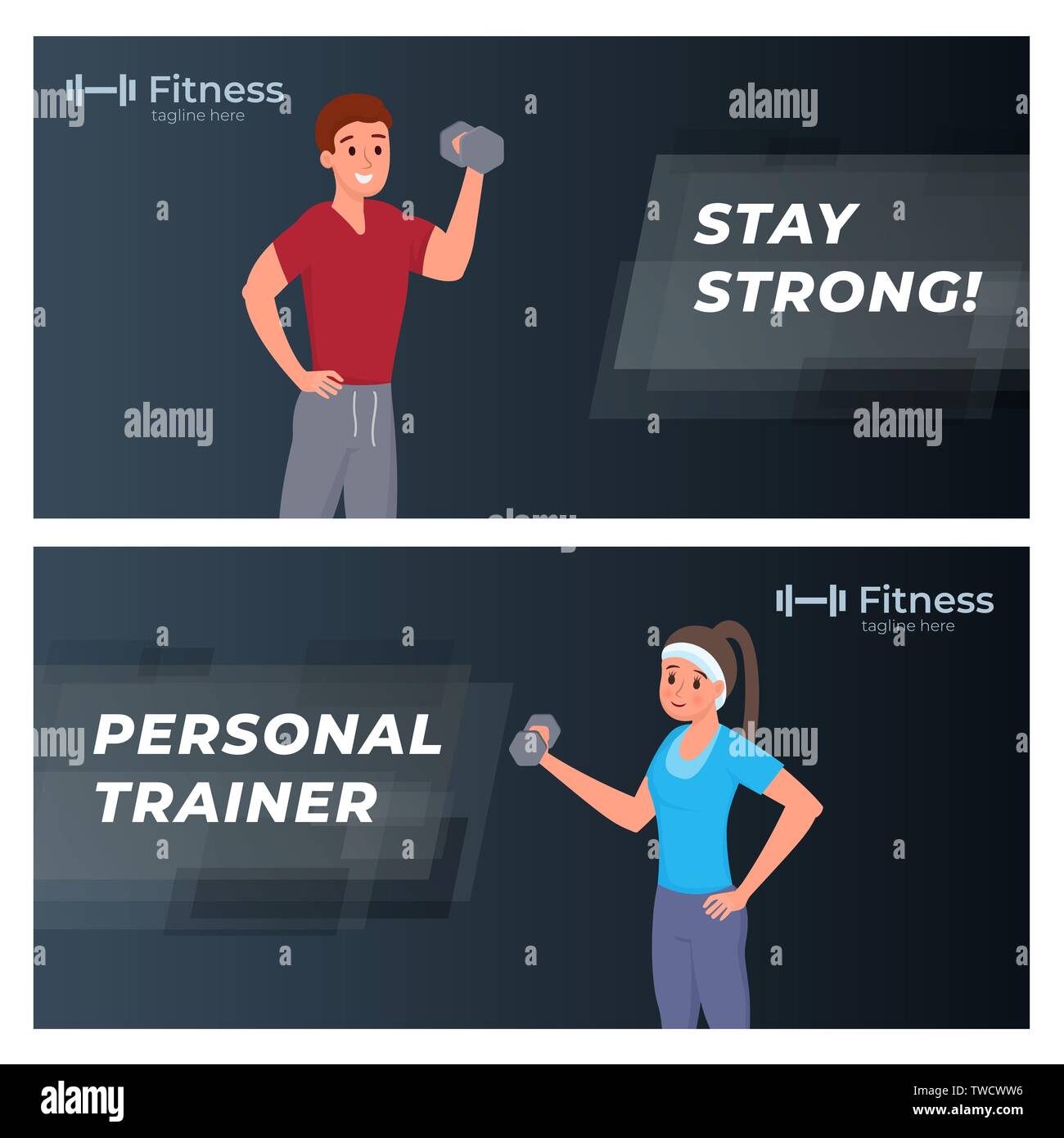 Sport and fitness banners stay strong, personal trainer. Flat style ...