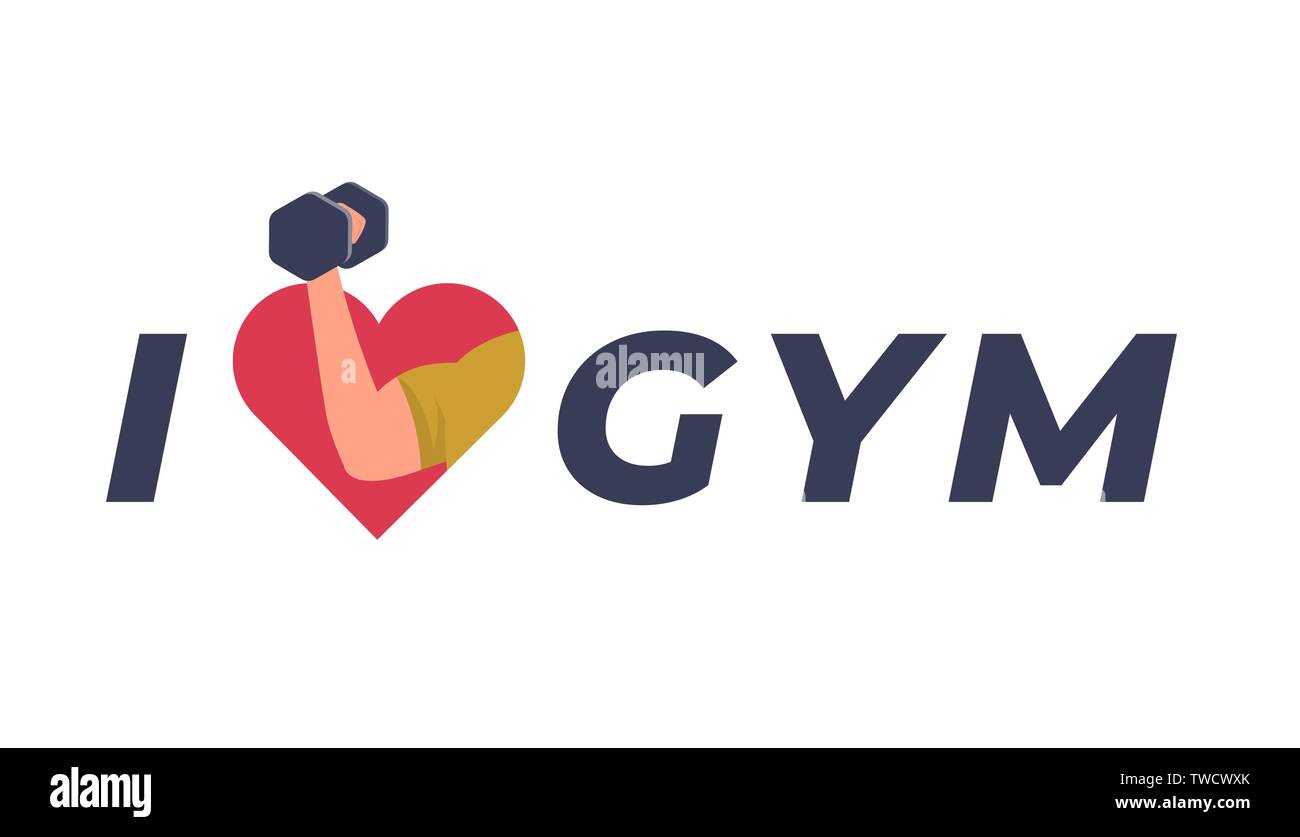 I love the gym concept. Dumbbell in hand in red heart. Sport ...