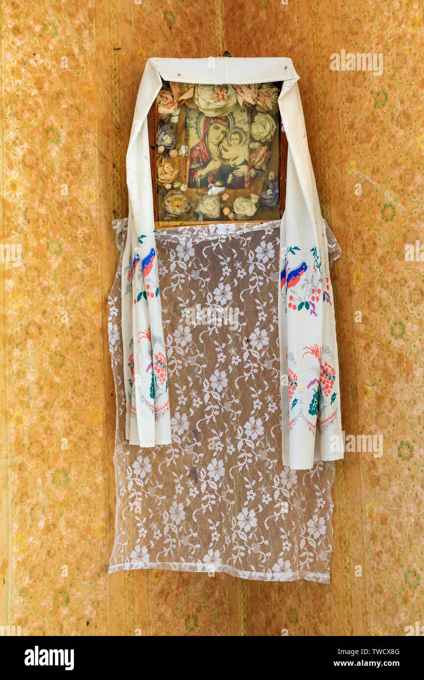 Eastern Europe, Ukraine, Pripyat, Chernobyl. Religious icon on house ...