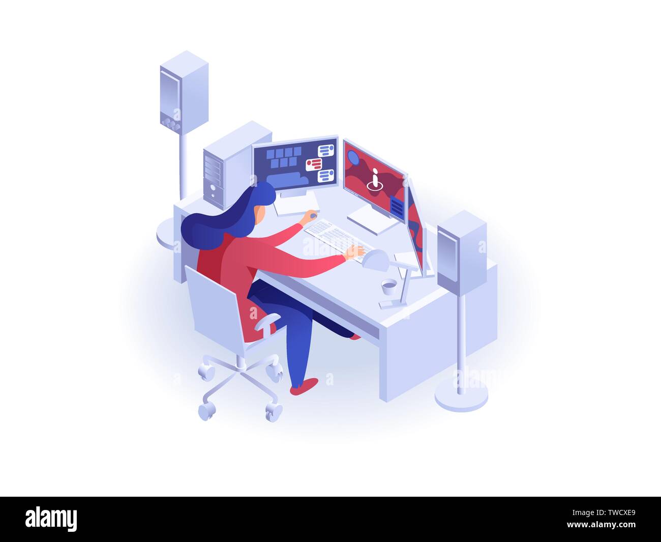 Woman working at the computer with three monitors flat 3d isometric ...