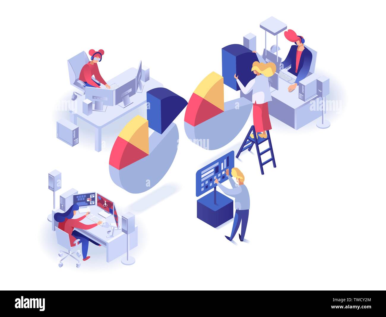 People working at computers around pie chart isometric vector ...