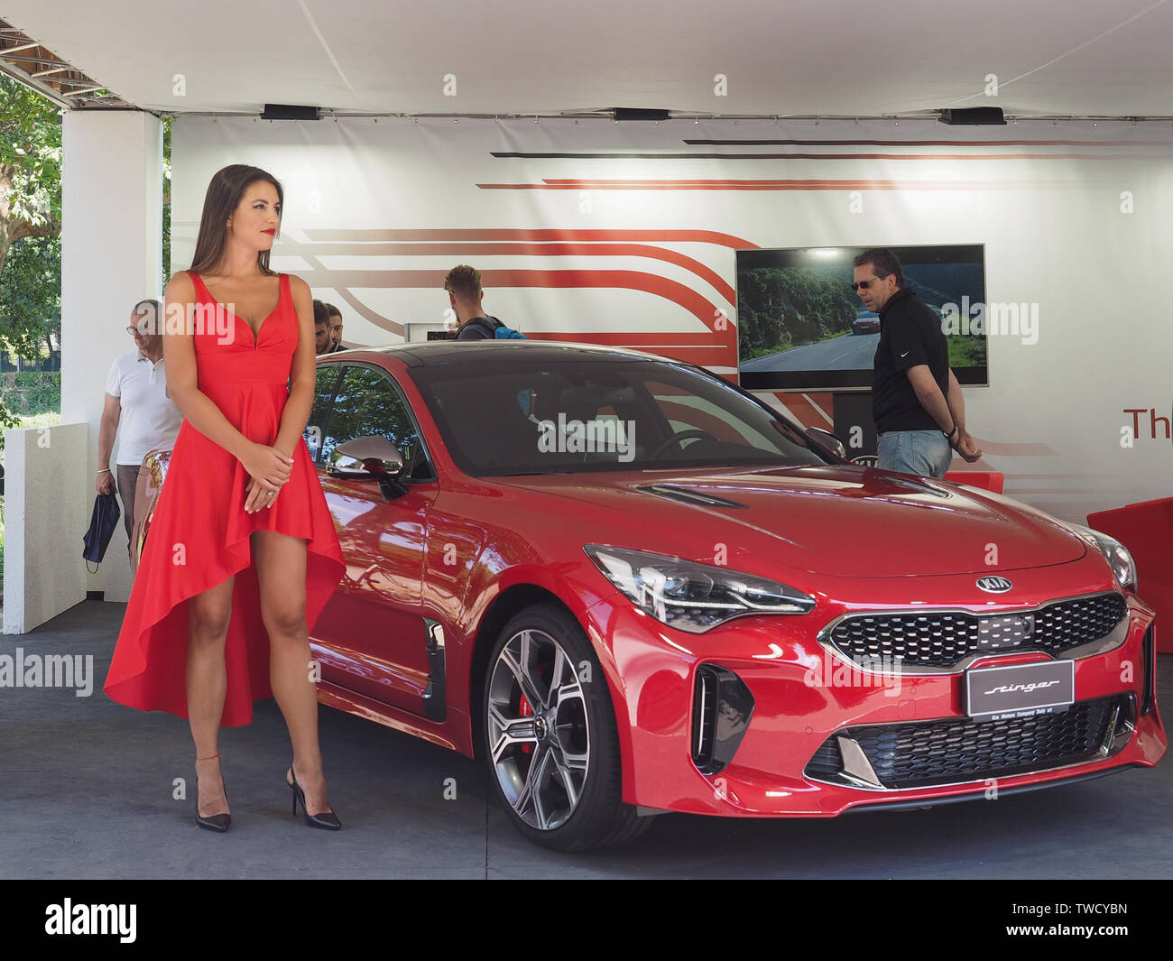 TURIN, ITALY - CIRCA JUNE 2019: Kia stand girl at Salone Auto di Torino ...