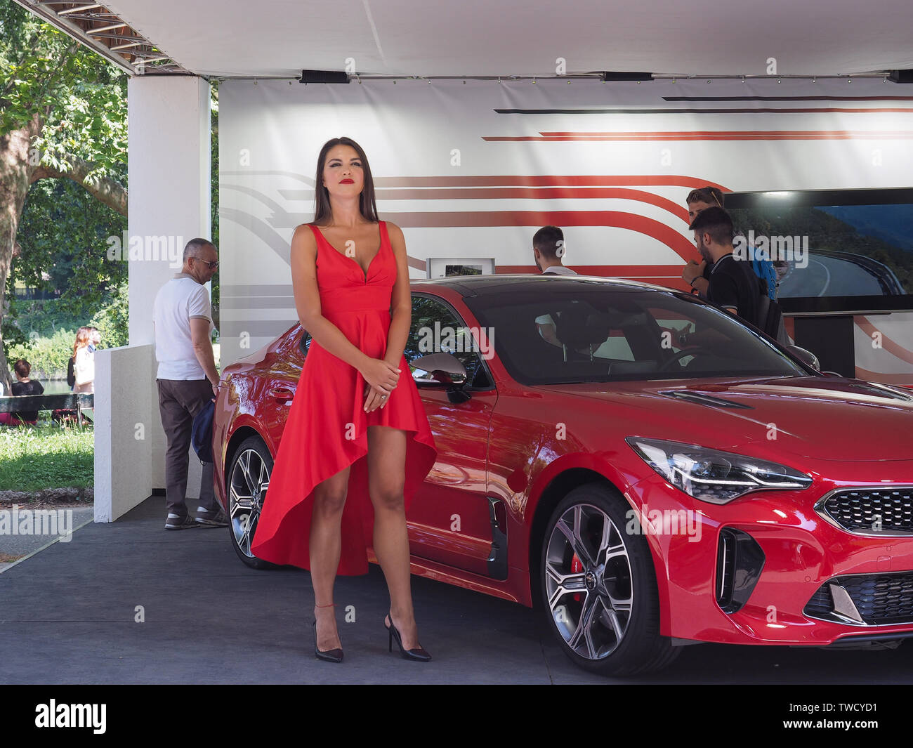TURIN, ITALY - CIRCA JUNE 2019: Kia stand girl at Salone Auto di Torino ...