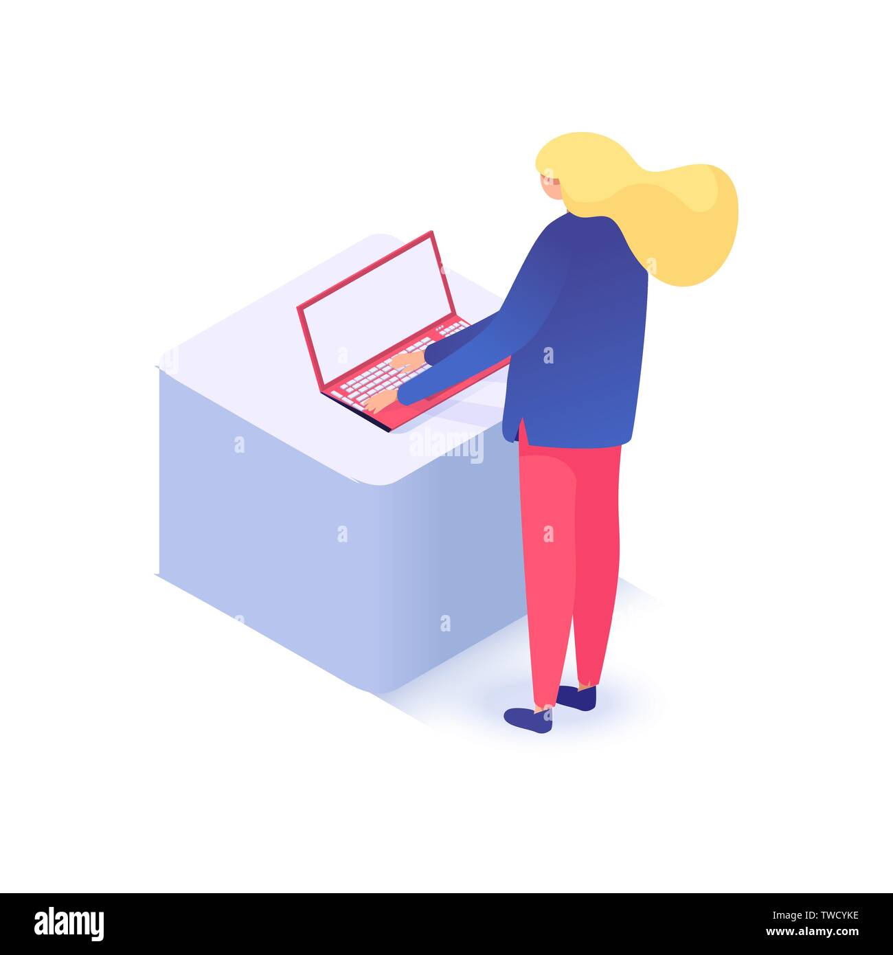 Woman standing and working with the laptop isometric vector ...