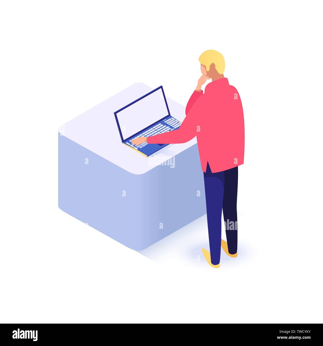 Man standing and using laptop isometric vector illustration isolated on ...
