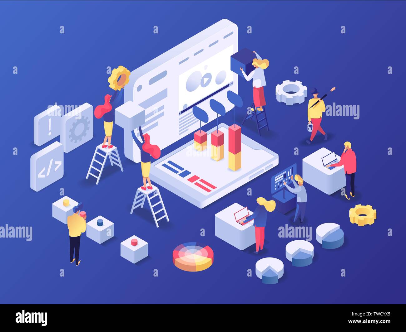 Designers team working on new creative draft. People building and developing website. Technology ...