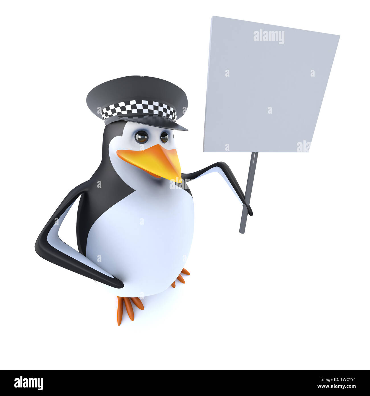 3d render of a funny cartoon police penguin character holding a blank ...