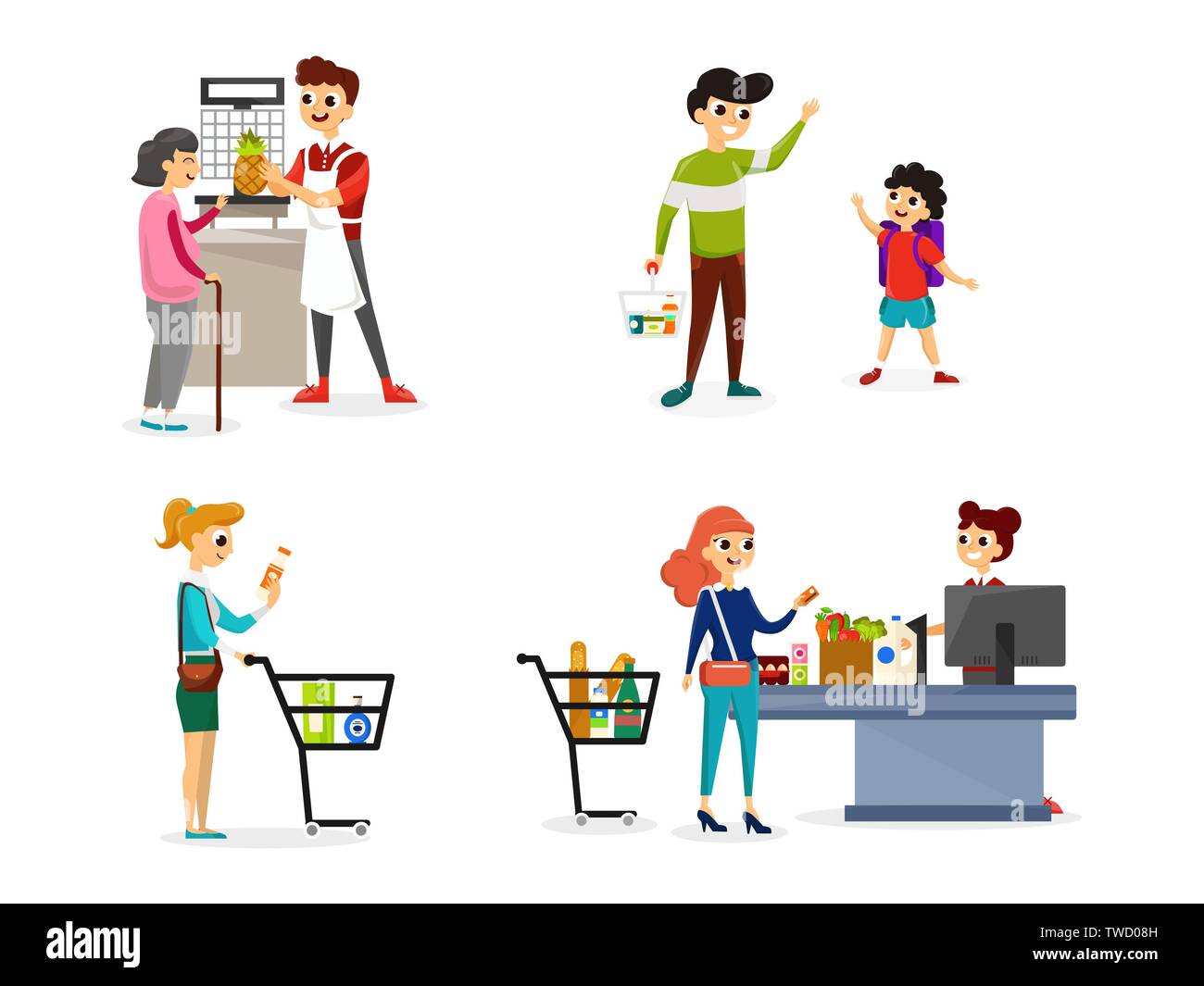 Set of people shopping in different grocery store departments flat ...