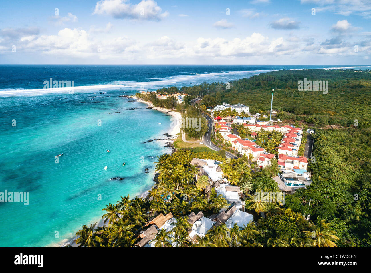 Aerial drone view at luxury resorts and coastline at Belle Mare beach ...