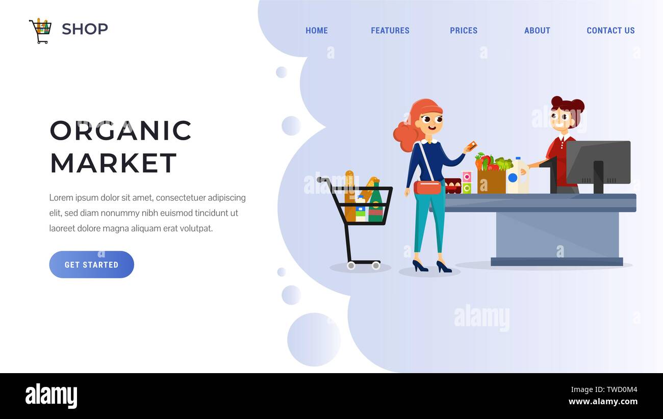 Website template with woman standing at cash desk near cashier in ...