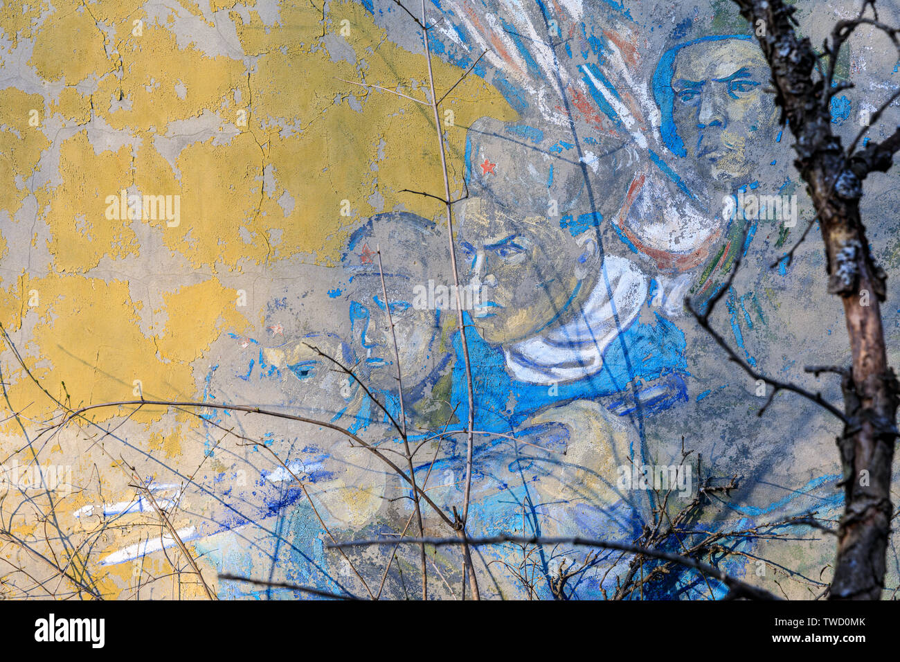 Eastern Europe, Ukraine, Pripyat, Chernobyl. Faded Soviet era mural ...