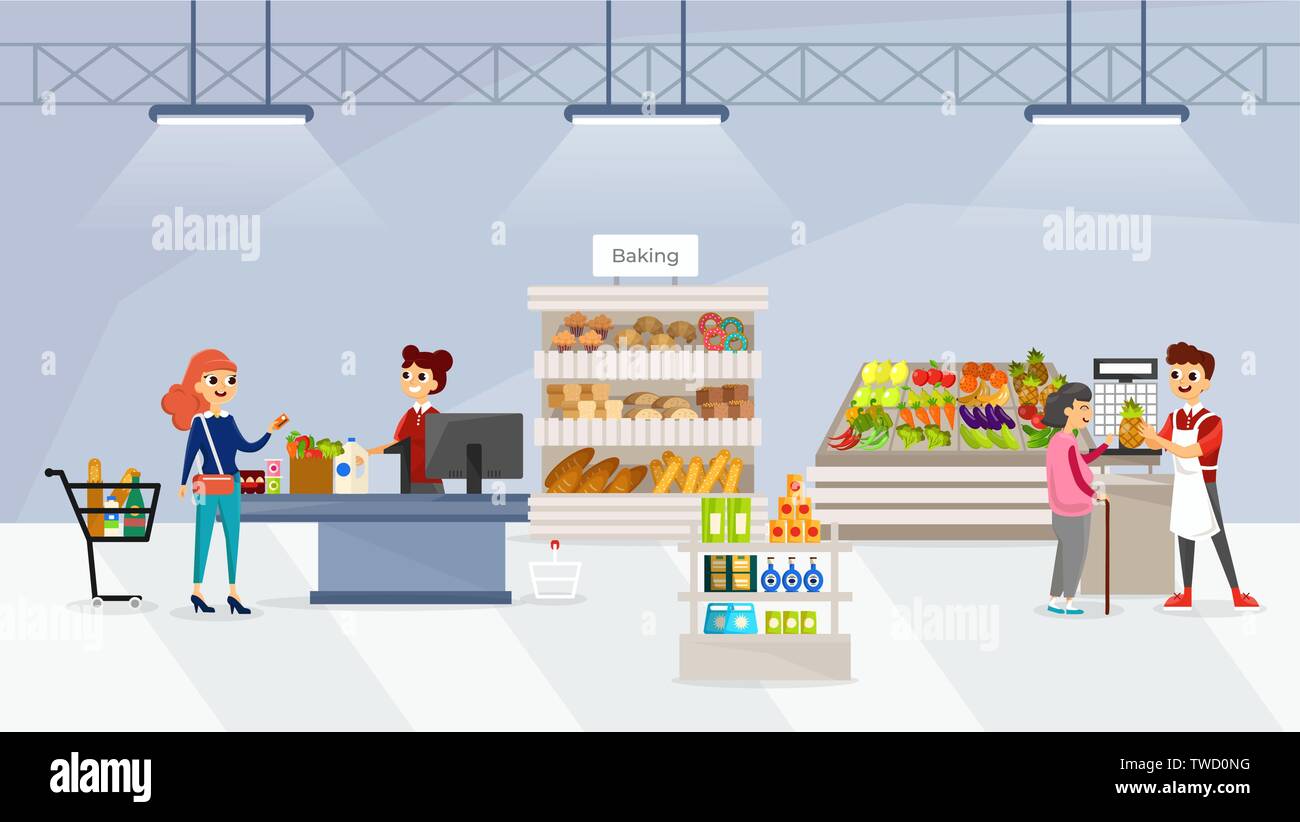Supermarket interior with people buying food and drink flat vector ...