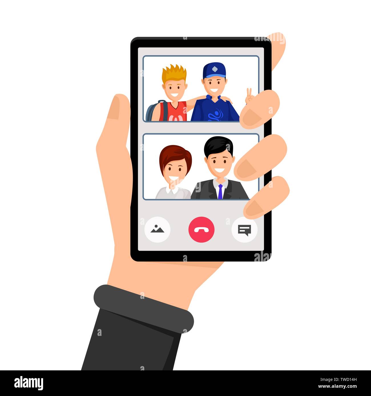 Video call, family conversation illustration. Hand holding smartphone ...