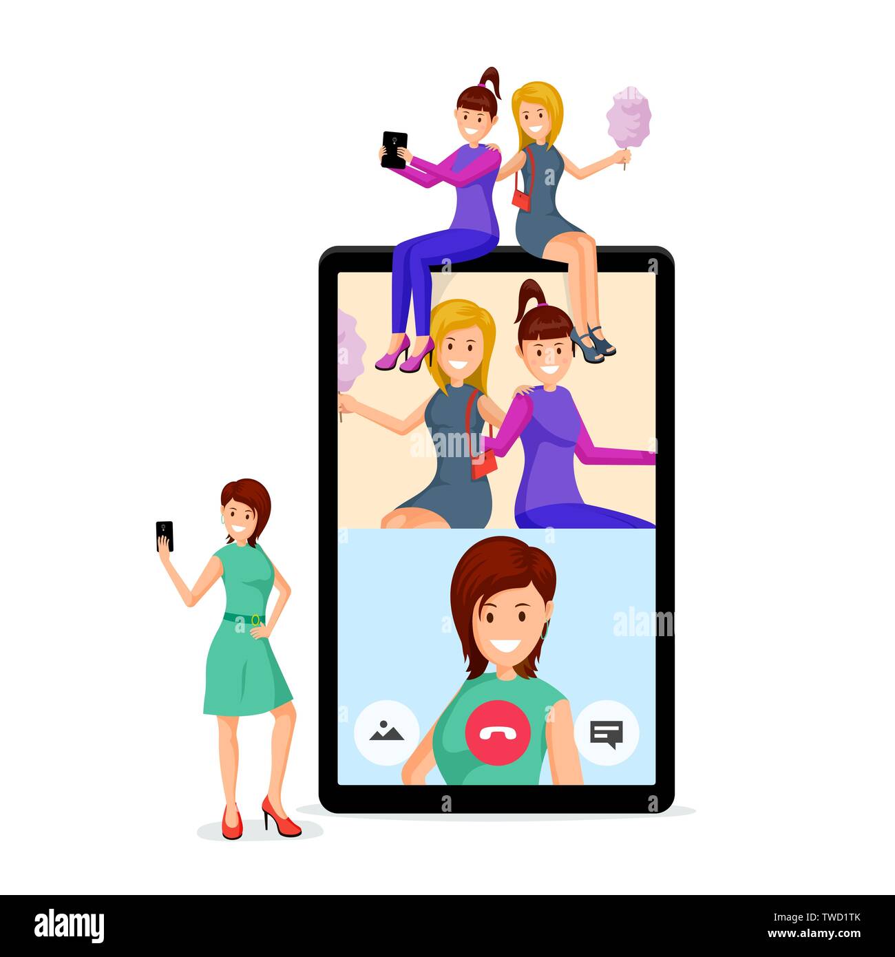 Girlfriends video call vector illustration. Ladies with tablet, cotton ...