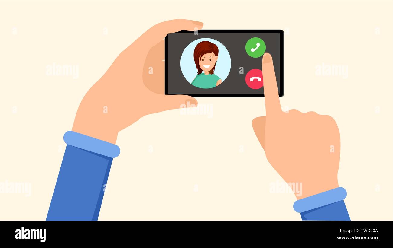 Ringing smartphone, Incoming call UI illustration. Hand holding phone ...