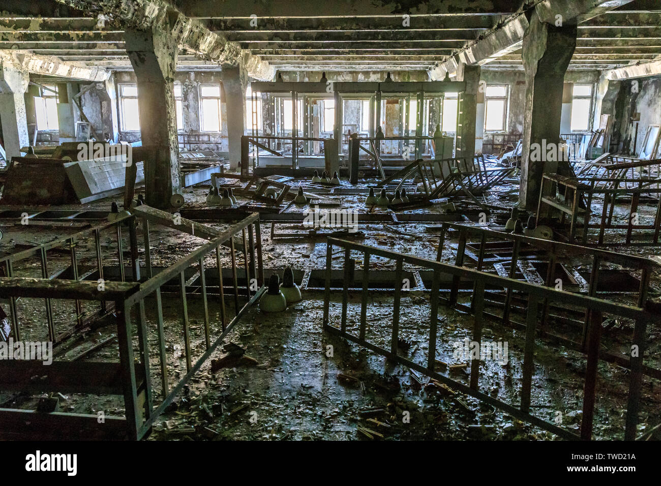 Eastern Europe, Ukraine, Pripyat, Chernobyl. Debris in an empty room ...
