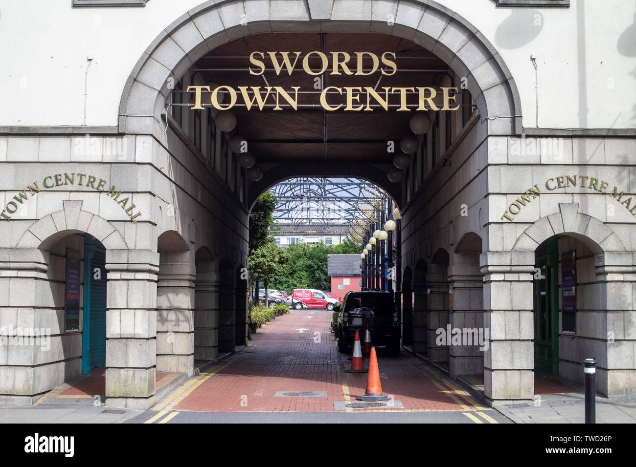 Stone archway entrance to Swords Town Centre Mall in Dublin, Ireland ...