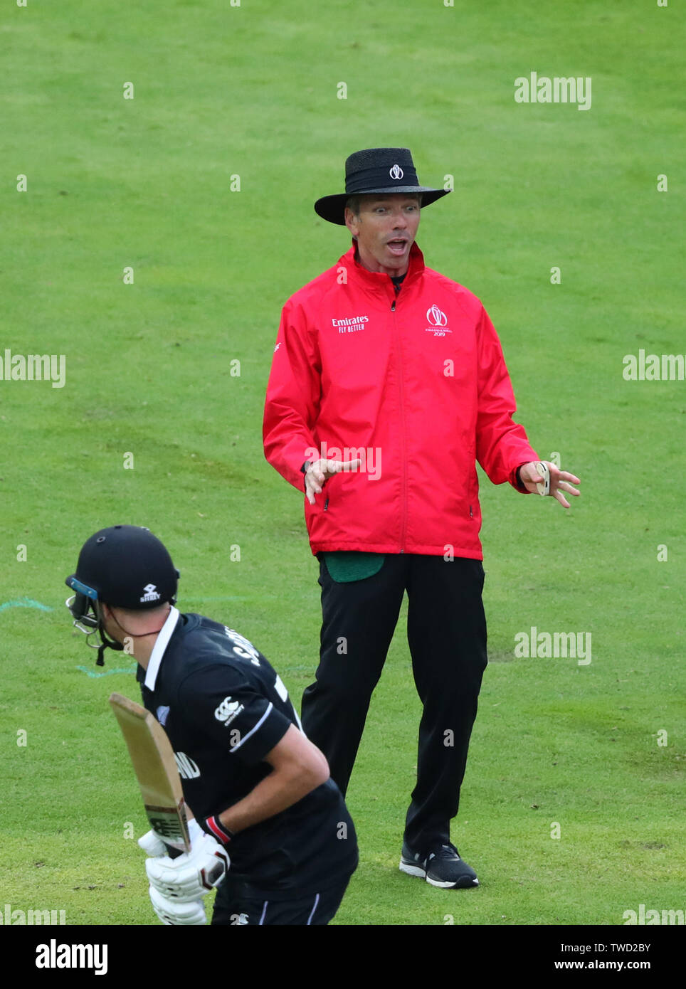BIRMINGHAM, ENGLAND. 19 JUNE 2019: Umpire Nigel Llong reacts during the ...